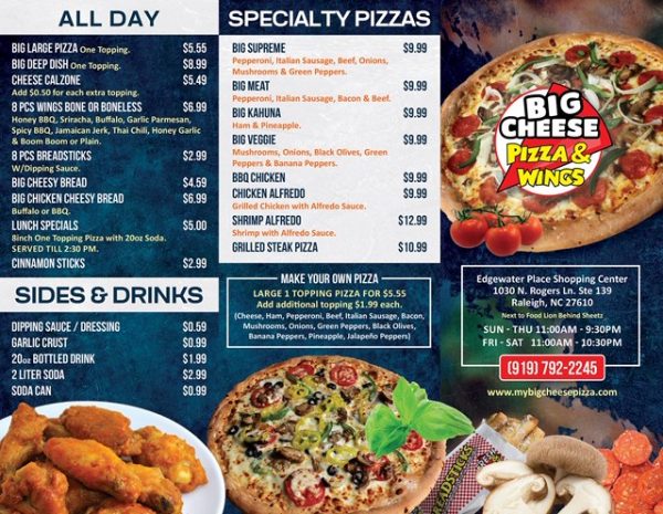 Raleigh Menu Nov 2019 Front | Big Cheese Pizza & Wings